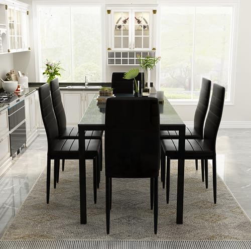 DKLGG 7-Piece Dining Table Set for 6 People, Tempered Glass Kitchen Table Set with 6 PU Leather Chairs, Dining Room Table Set Large Breakfast Table with Metal Frame for Kitchen, Big Family