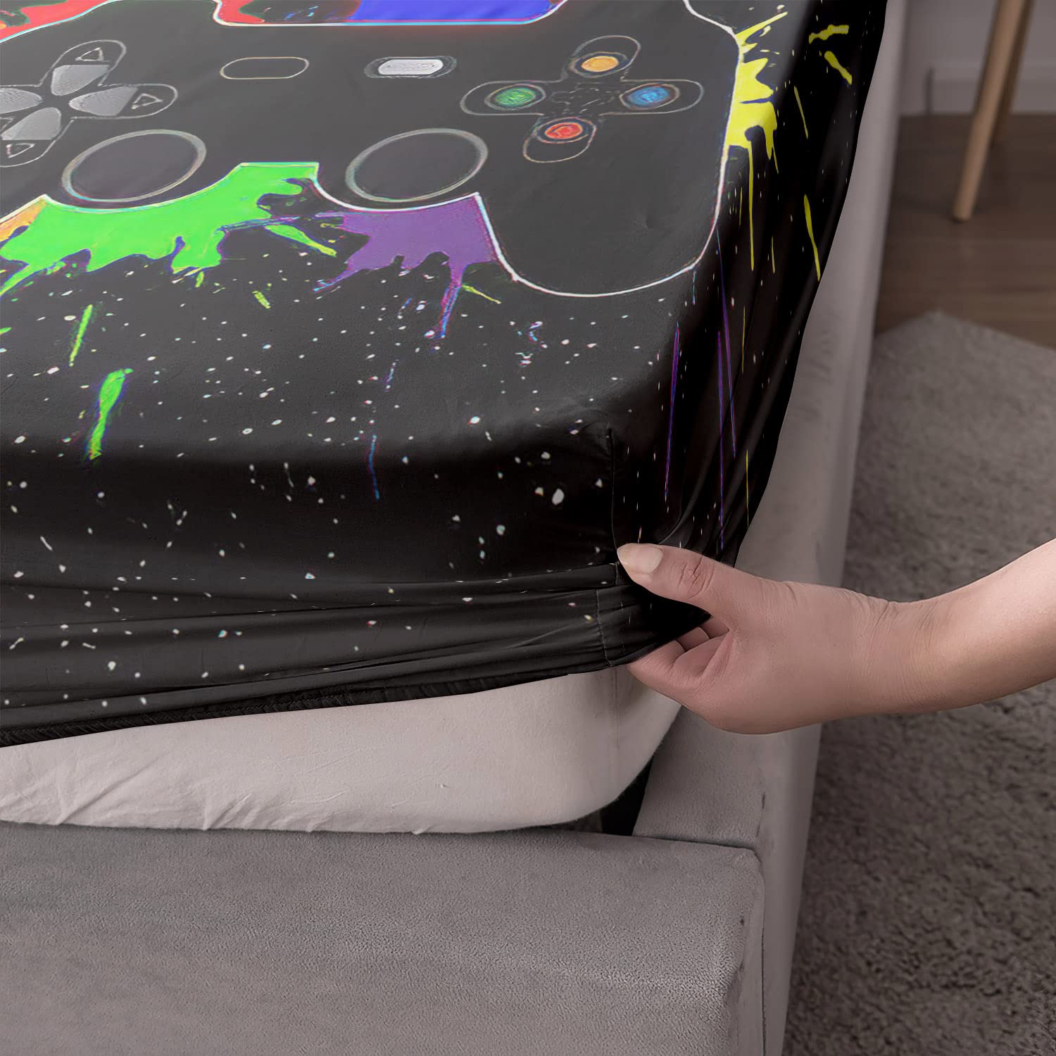 AILONEN Gamer Fitted Sheet Full Size,Gaming Bedsheets Set,Gamepad Bed Sheet Set for Boys,Boys Video Games Bedding Set,1 Fitted Sheet and 2 Pillow Case,3 Piece