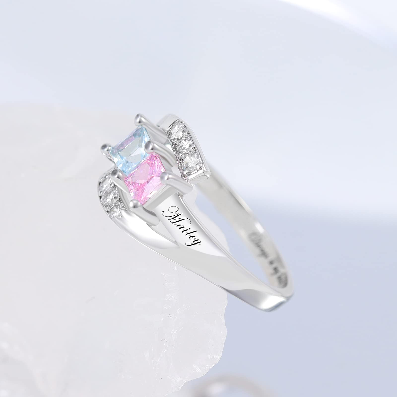 AREH Personalized Mothers Ring with 2 Princess-Cut Birthstones Custom Engraved Names Engagement Rings for Women