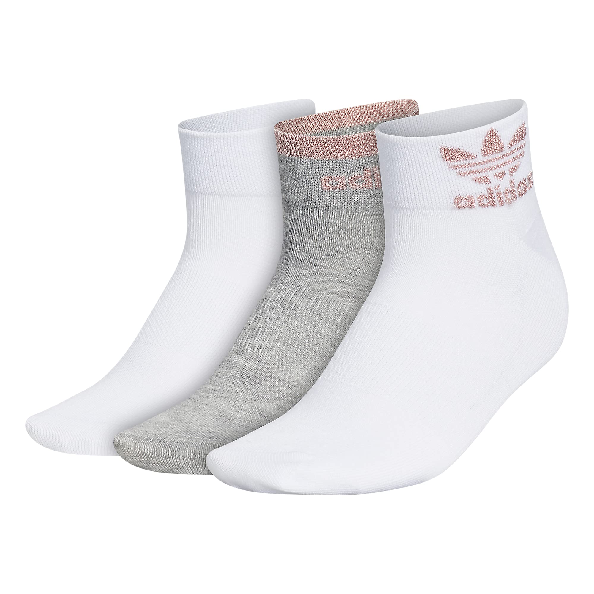 adidas Originals Women's Originals Trefoil Shine 3-Pack Low Cut, White/Rose Gold Shiny Nylon/Heather Grey, Medium