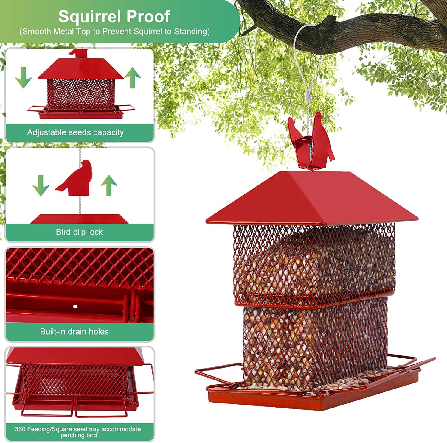 Bird Feeder for Outside Hanging Squirrel Proof Bird Feeders Metal Wild Bird Feeder Retractable Outdoor Feeder with 6 Perches for Cardinal, Finch, Chickadee, Bluebirds etc(Red)