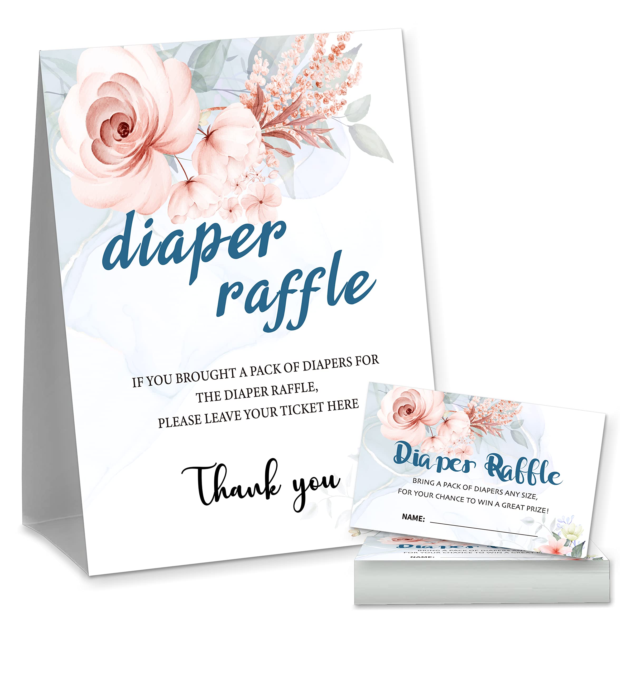 Baby Shower Diaper Raffle Game, Floral Greenery Baby Shower Party Game Set, 1 Sign With 50 Raffle Tickets set –B009