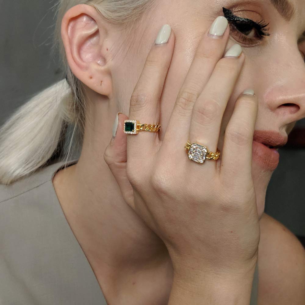 ailov Retro Inspired Statement Signet Ring Cubic Zirconia Chain Band (Clear White Zircon, 7)