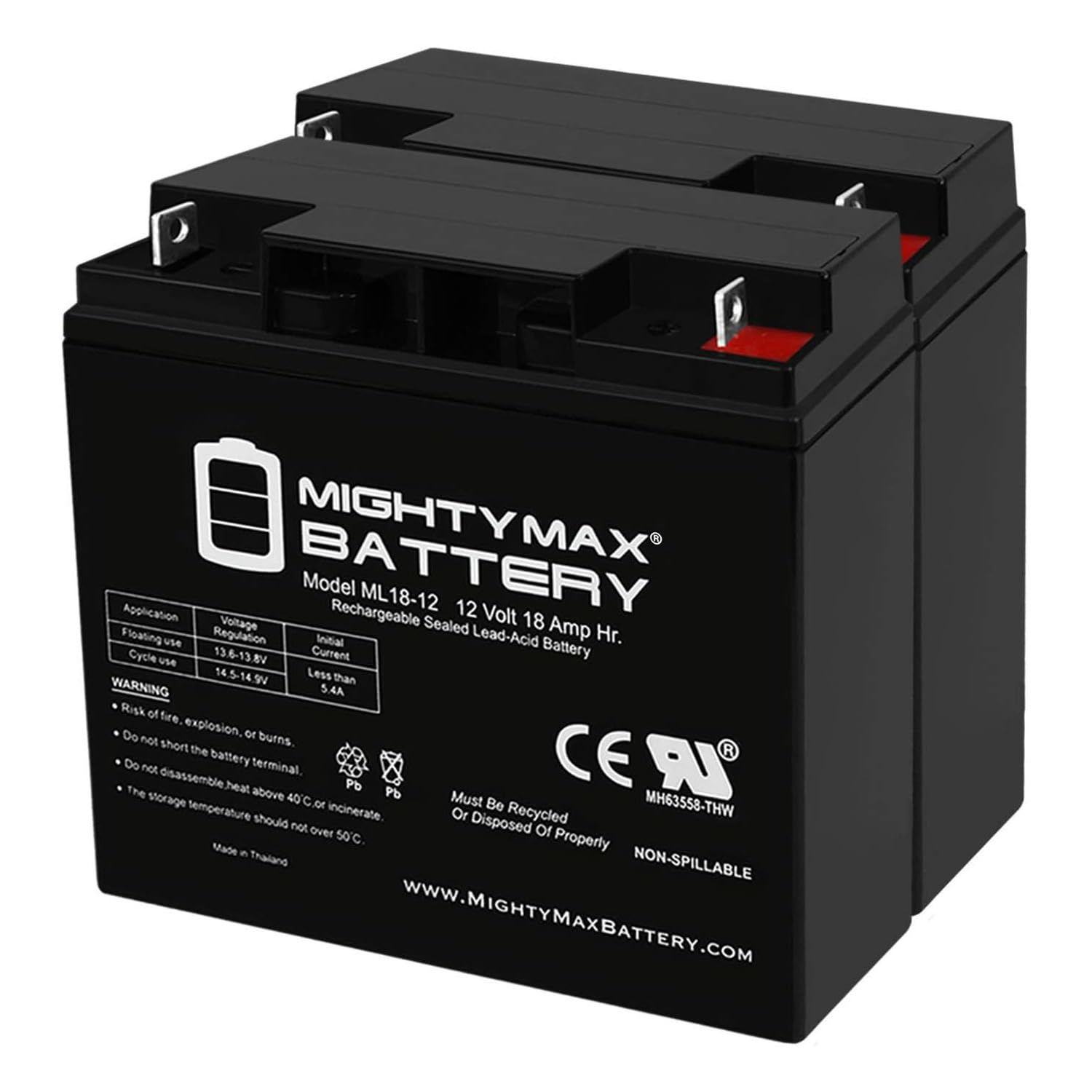 Mighty Max Battery ML18-12 - 12V 18AH UPS Battery Replaces 17Ah MK Battery ES17-12, ES 17-12 - 2 Pack