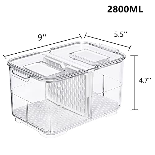 Slideep Food Storage Containers Fridge Produce Saver, Stackable Refrigerator Organizer Keeper Foldable lid with Removable Drain Tray for Produce, Fruits, Vegetables 2800 ml - 2 Pack