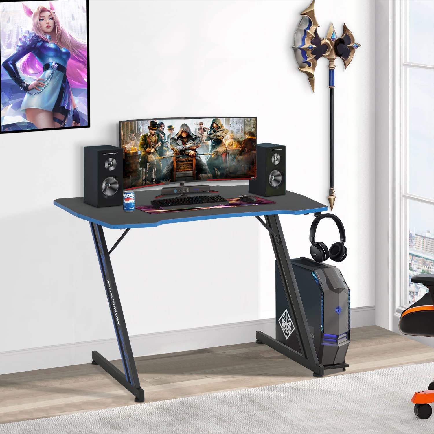 BestOffice Gmaing Desk Z Shaped 47 inch Gaming Workstation Ergonomic Gaming Table PC Computer Desk with Headphone Hook for Game Players, Blue
