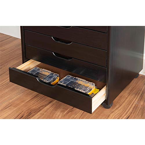 Pemberly Row Mid Century Six Drawer Wood Rolling Storage Cart in Black