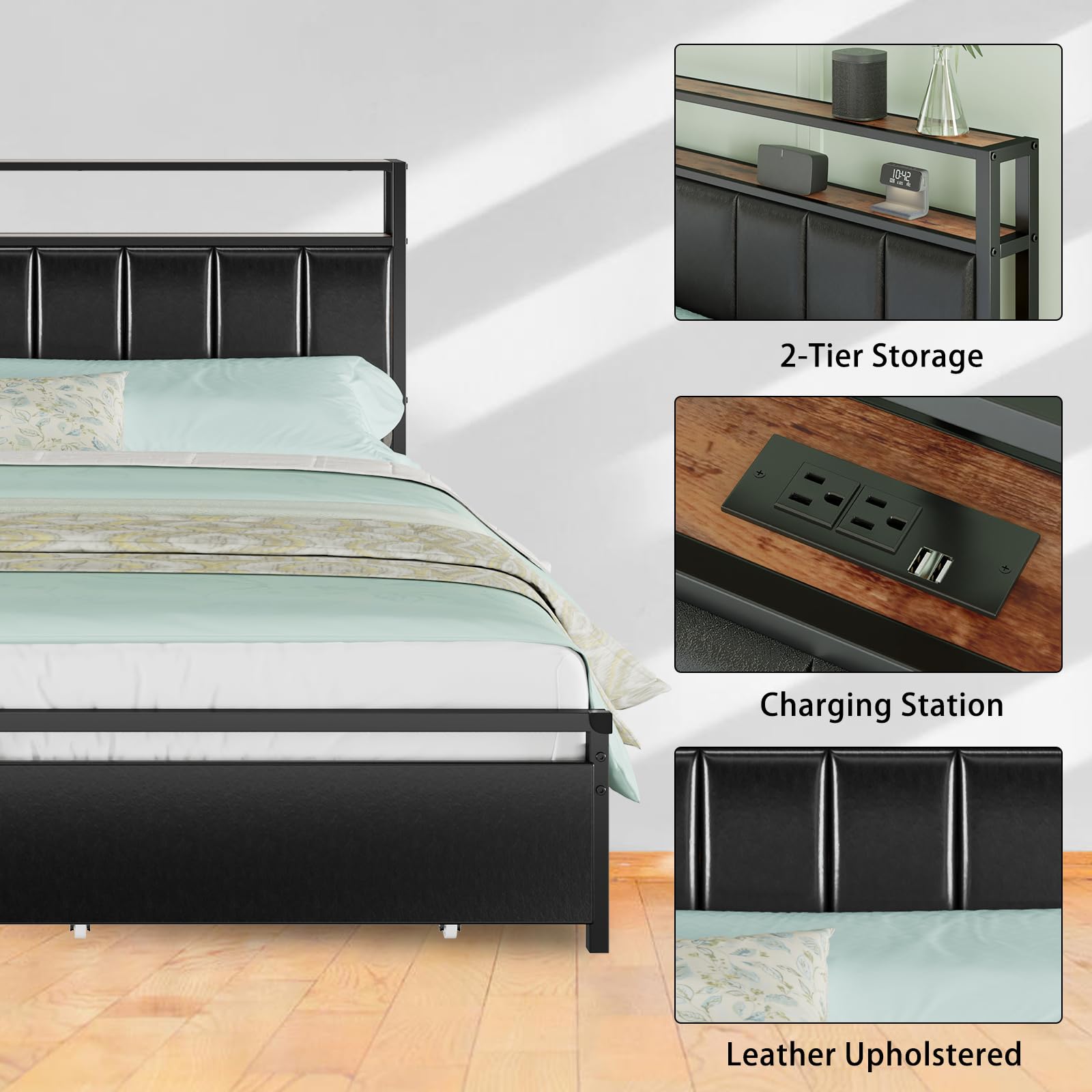 AMERLIFE LED Bed Frame with Drawers, Queen Platform Bed Frame with 2-Tier Storage & Leather Upholstered & Charging Station Headboard, No Box Spring Needed, Easy Assembly, Noise Free, Black