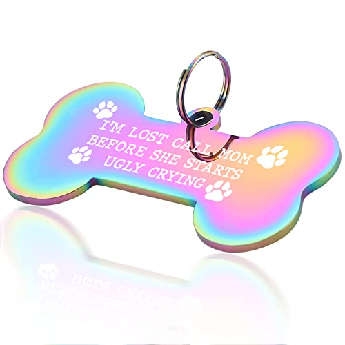 Funny Dog Cat Pet ID Tag - "I'm Lost Call Mom Before She Starts Ugly Crying" - Funny Pet Tag, Funny Dog Tag, Dog Collar Tag, Stainless Steel Pet Tags, New Puppy Engraved Bone Shape, Gifts for Dog Mom