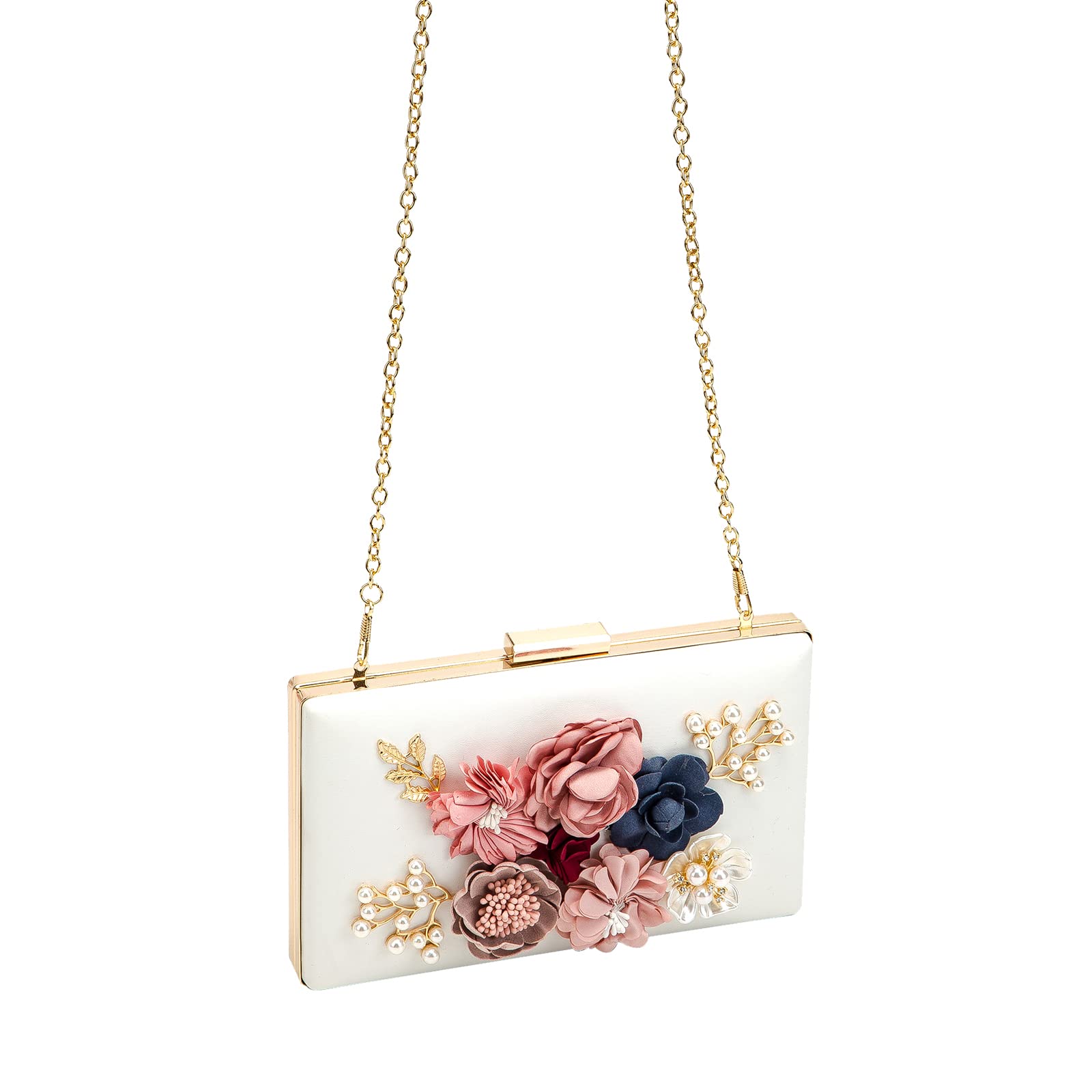 LETODE Women's Evening Bag Flower Wedding Evening Clutch Purse Bride Floral Clutch Bag Beaded Evening Shoulder Handbag (White)