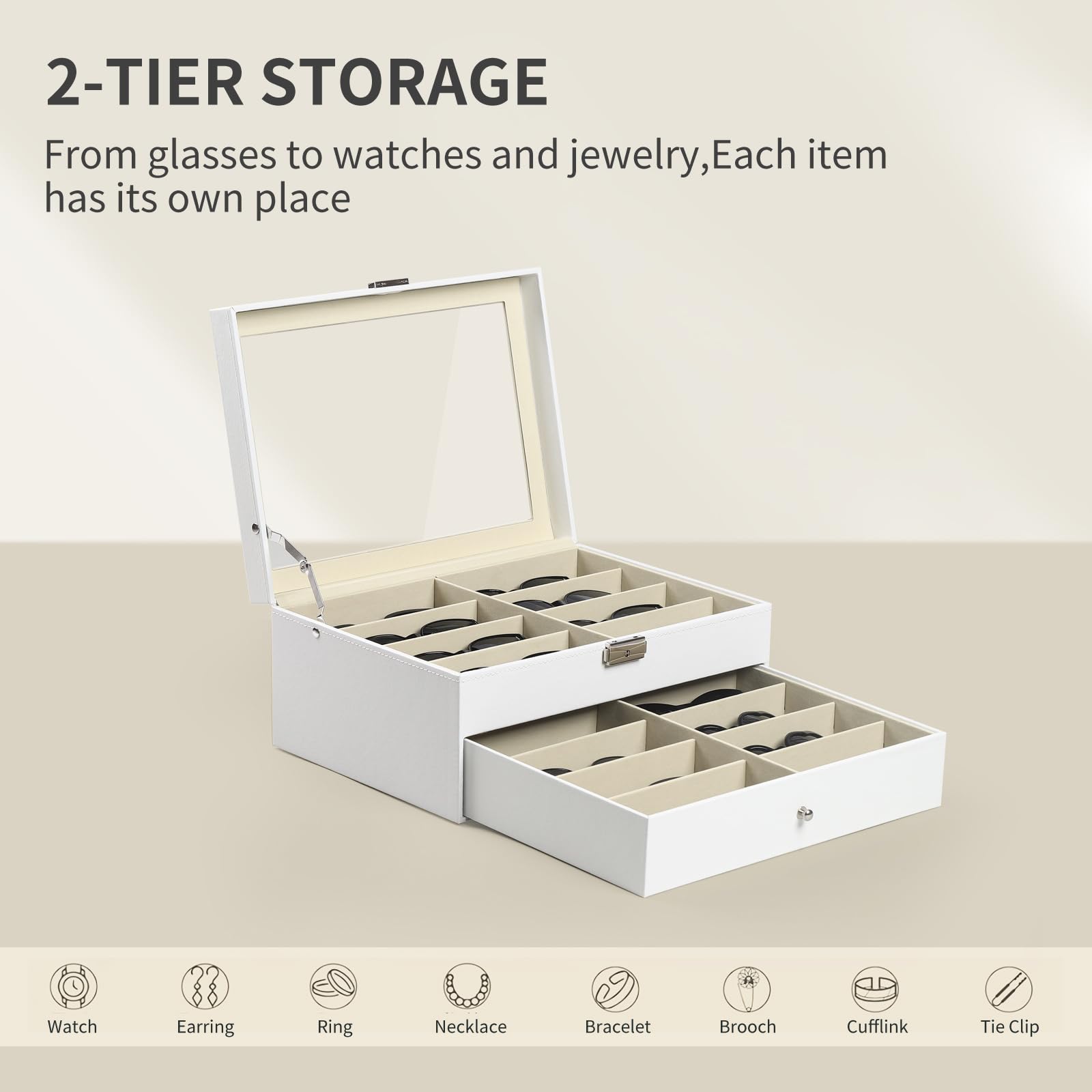 AUTOARK Leather 16 Piece Eyeglasses Storage and Sunglass Glasses Display Drawer Lockable Case Organizer,White,AW-151