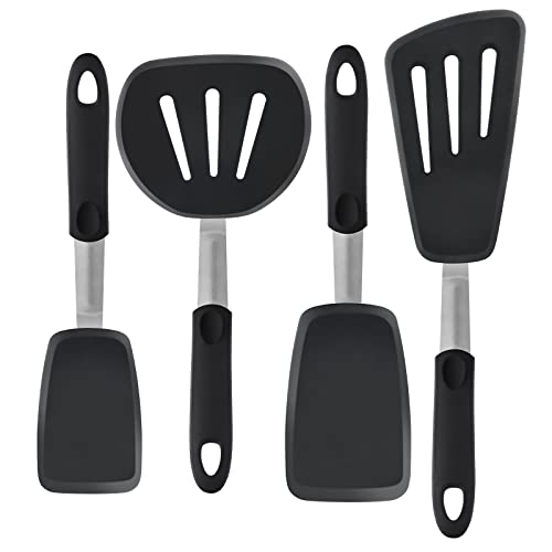Elyum Silicone Spatula 4 Pack Spatula Set Heat Resistant Kitchen Utensils Set Flexible Silicone Turner Rubber Spatula for Nonstick Cookware for Flipping Eggs, Steak, Fish and More, Black
