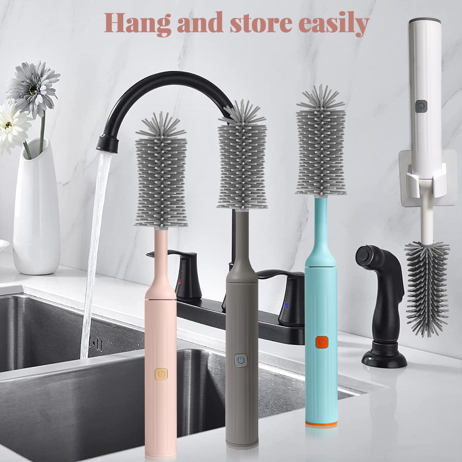 Augensterm Electric Cleaning Brush with USB Rechargeable Electric Bottle Brush Cleaner and 3 Replaceable Silicone Bottle Brushes and Straw Cleaner Brush,Perfect Baby Gifts and Kitchen Brushes(Pink)