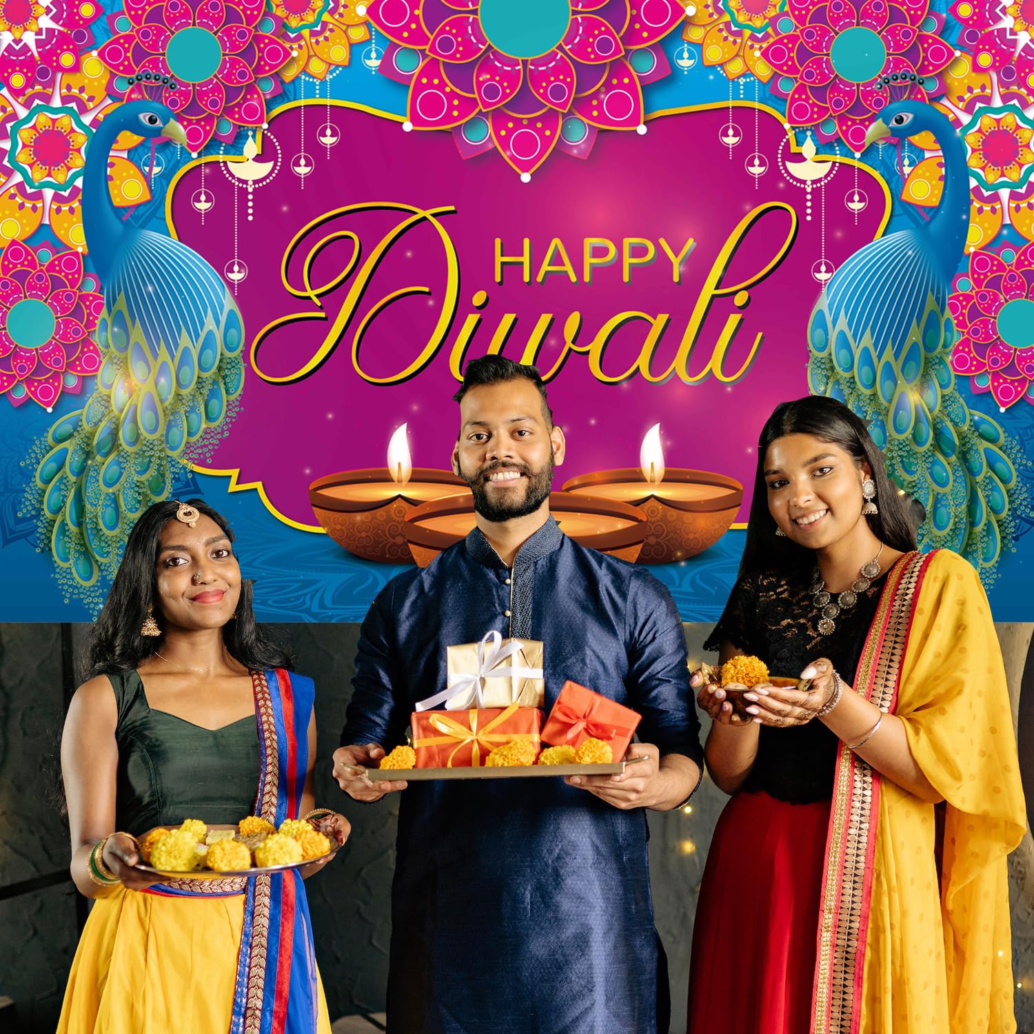 Ansoufien Diwali Decoration Banner, Diwali Decor Backdrop Happy Diwali Banner for Indian Light Celebration Party 71 x 43 Inch