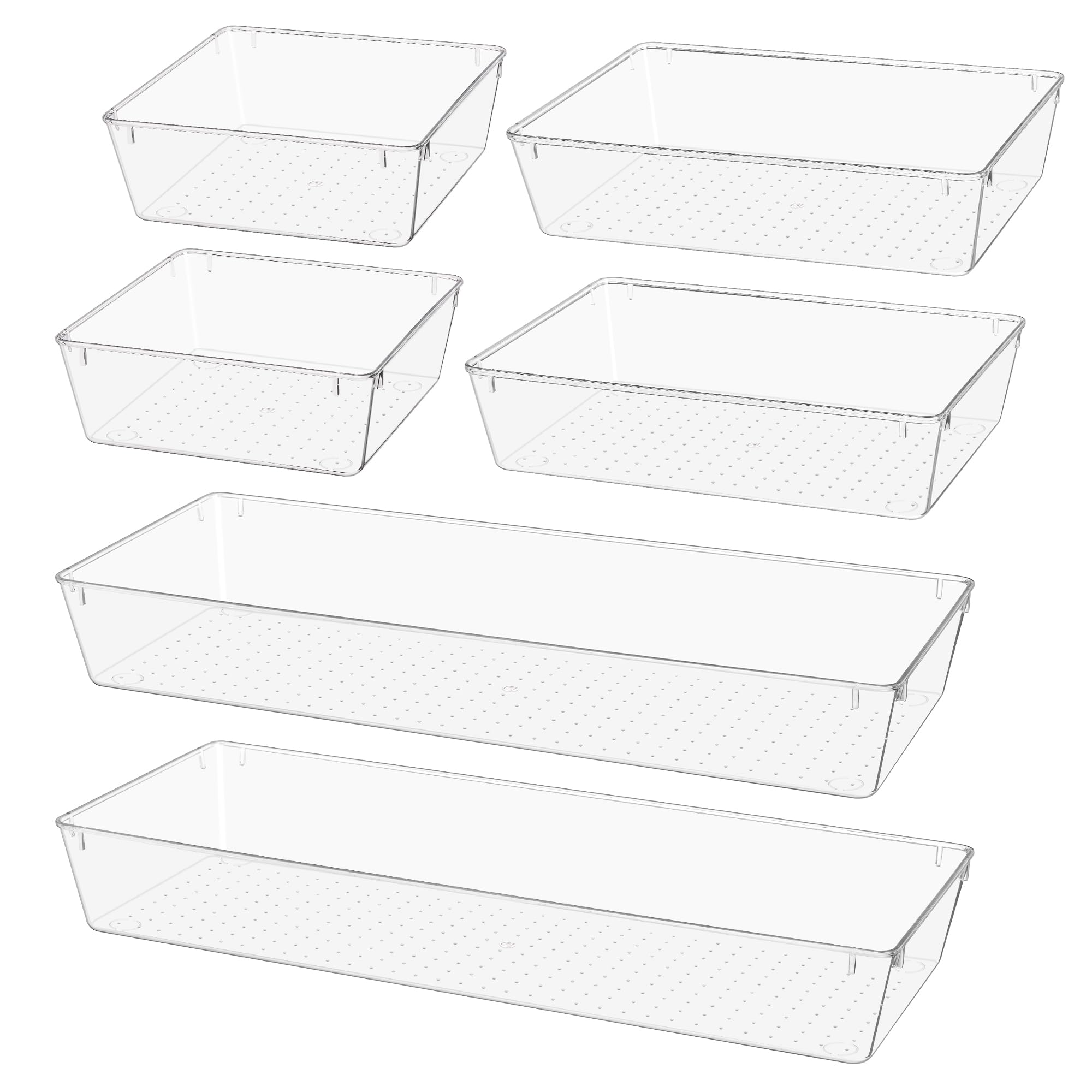 Vtopmart 6 PCS Clear Plastic Drawer Organizers Set, 3-Size Bathroom and Vanity Drawer Organizer Trays, Acrylic Storage Bins for Makeup, Kitchen Utensils, Large Size Office Desk Organizers