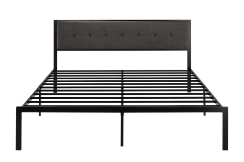 SHA CERLIN King Size Bed Frame with Upholstered Headboard, Platform Bed Frame with Metal Slats, Button Tufted Square Stitched Headboard, Noise Free, No Box Spring Needed, Easy Assembly, Dark Grey