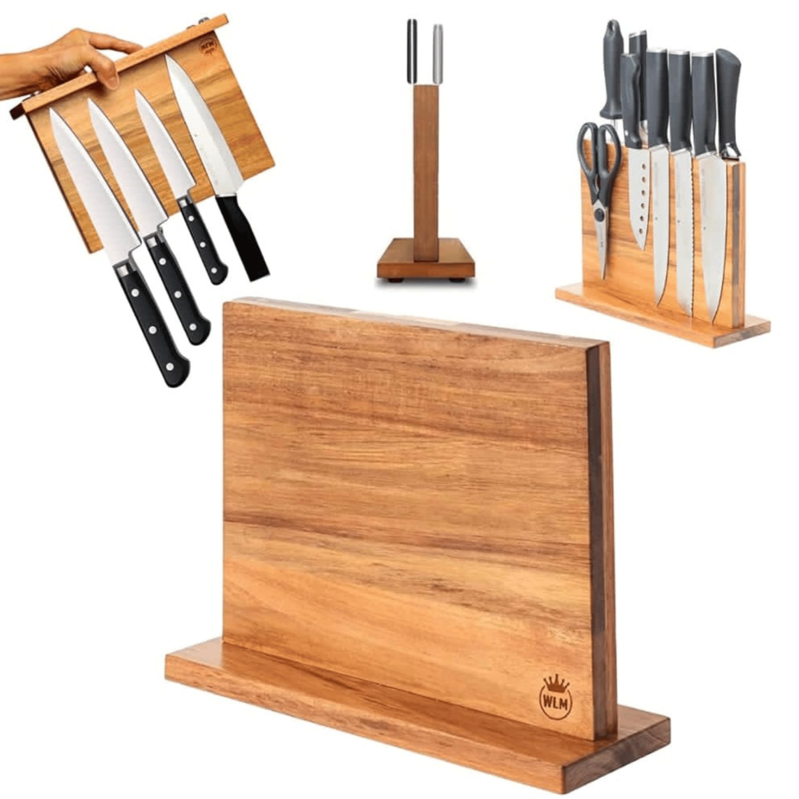 WLM Magnetic Knife Holder - Fully Assembled 12x9 In. Double-Sided Magnetic Knife Block with Strong Magnets, Acacia Wood, Multifunctional Storage Rack