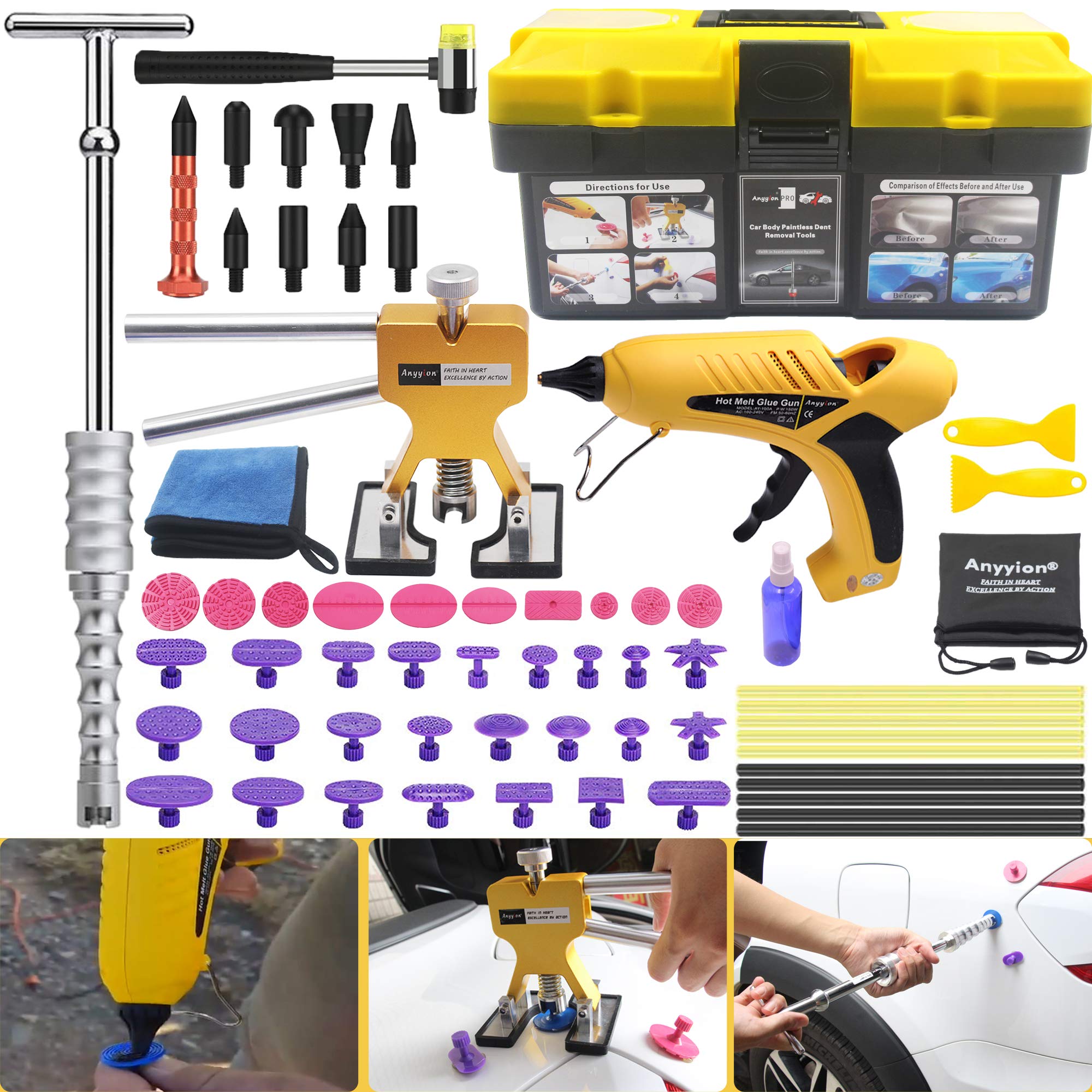 Anyyion Paintless Dent Repair Kits - 69pcs Car Body Paintless Dent Repair Tools -Auto Dent Puller Kit Automotive Door Ding Dent Silde Hammer Glue Puller Repair (Starter Set Kits)