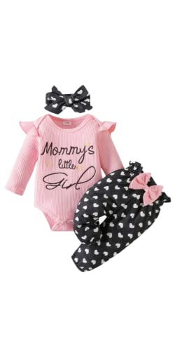 Baby Toddler Girls Cotton Long-Sleeve Bodysuits Romper + Heart Pattern Pants + Headband Outfit Sets Baby Clothes (12-18M)