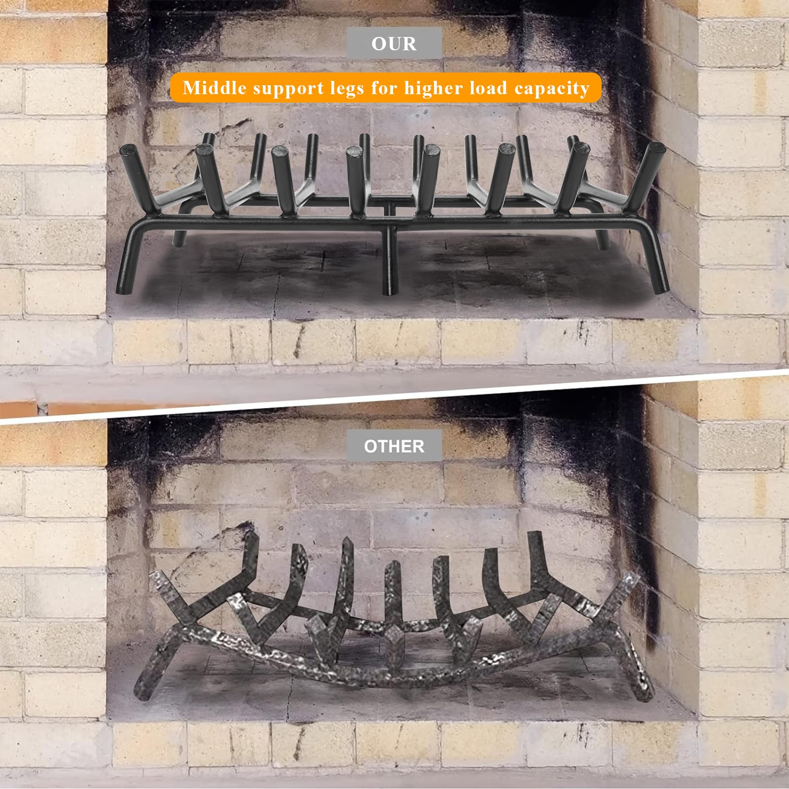 Orgneas Fireplace Grate 30 inch Heavy Duty, Fireplace Log Holder Solid Round Steel Wrought Cast Iron Firewood Burning Rack with 6 Support Legs and 8 Bars for Indoor and Outdoor Fireplace