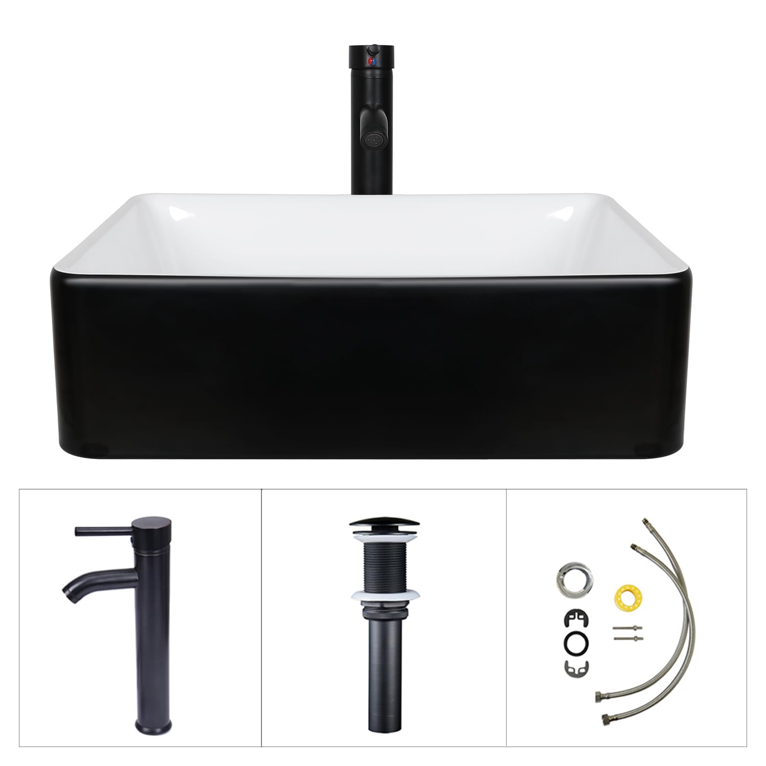 Puluomis Black and White Ceramic Bathroom Sink, 19" x 15" Above Counter Porcelain Vessel Sink with Black Faucet and Pop up drain Combo, Rectangle