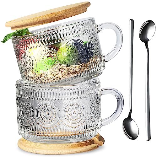 GMISUN Vintage Coffee Mugs, 14oz Glass Coffee Mug Set with Bamboo Lids, Large Clear Coffee Mug with Spoons, Big Coffee Cup Set with Handle, Clear Coffee Cups for Coffee, Iced Coffee (2 Pack)