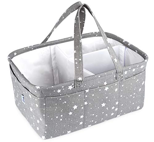 Lemonfilter Baby Diaper Caddy Organizer, Nursery Storage Bin Portable Car Organizer with Detachable Divider and 10 Invisible Pockets for Diapers & Wipes (Grey Star)