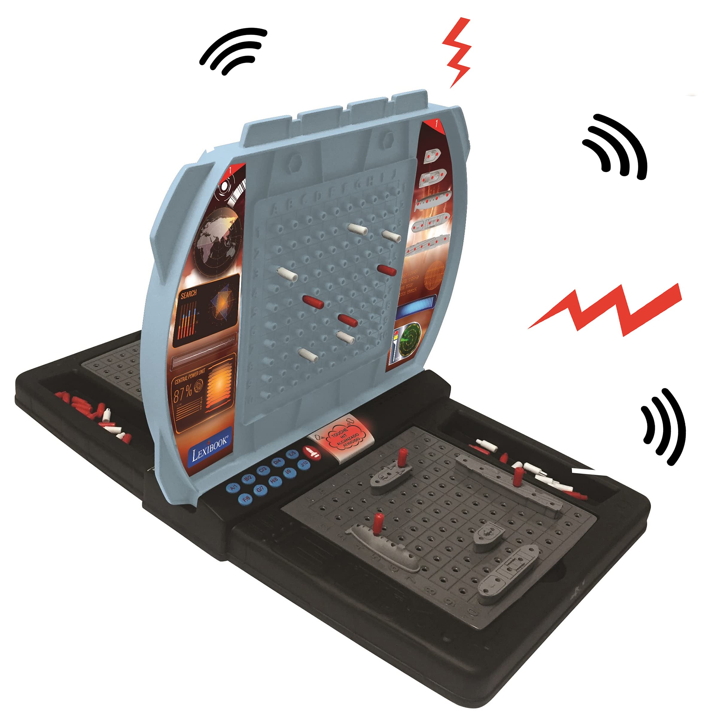 LEXIBOOK Talking Sea Battle (French, English, Spanish, Portuguese), Electronic Board Game 1 or 2 Players, Interactive, Light and Sound Effects, Strategy, Battery Operated, Grey/Black, GT2800US