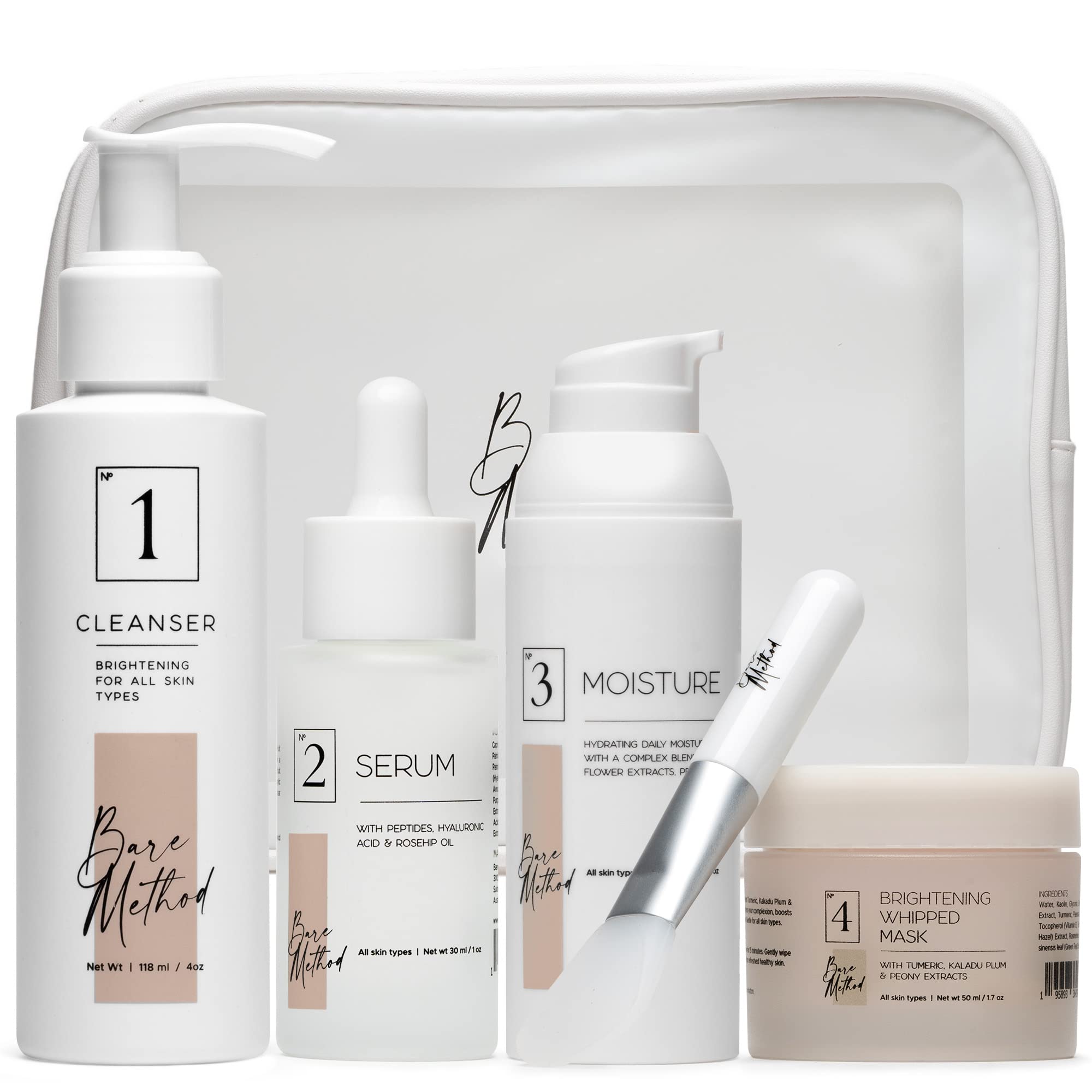 Bare Method Perfecting 4 Step Skincare Kit - Women’s Full Size Skin Care Products - Cleanser + Serum + Moisturizer + Facial Mask - Made In US - Luxury Ingredients -Brighten, Hydrate, Renew, Protect