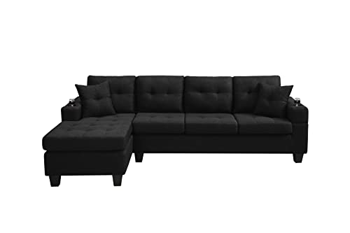 BIADNBZ Modern Sectional Sofa Set with Reversible Chaise Lounge,2 Pillows and Cup Holders,4-Seat L-Shaped Upholstered Couch for Living Room Office Apartment, Black
