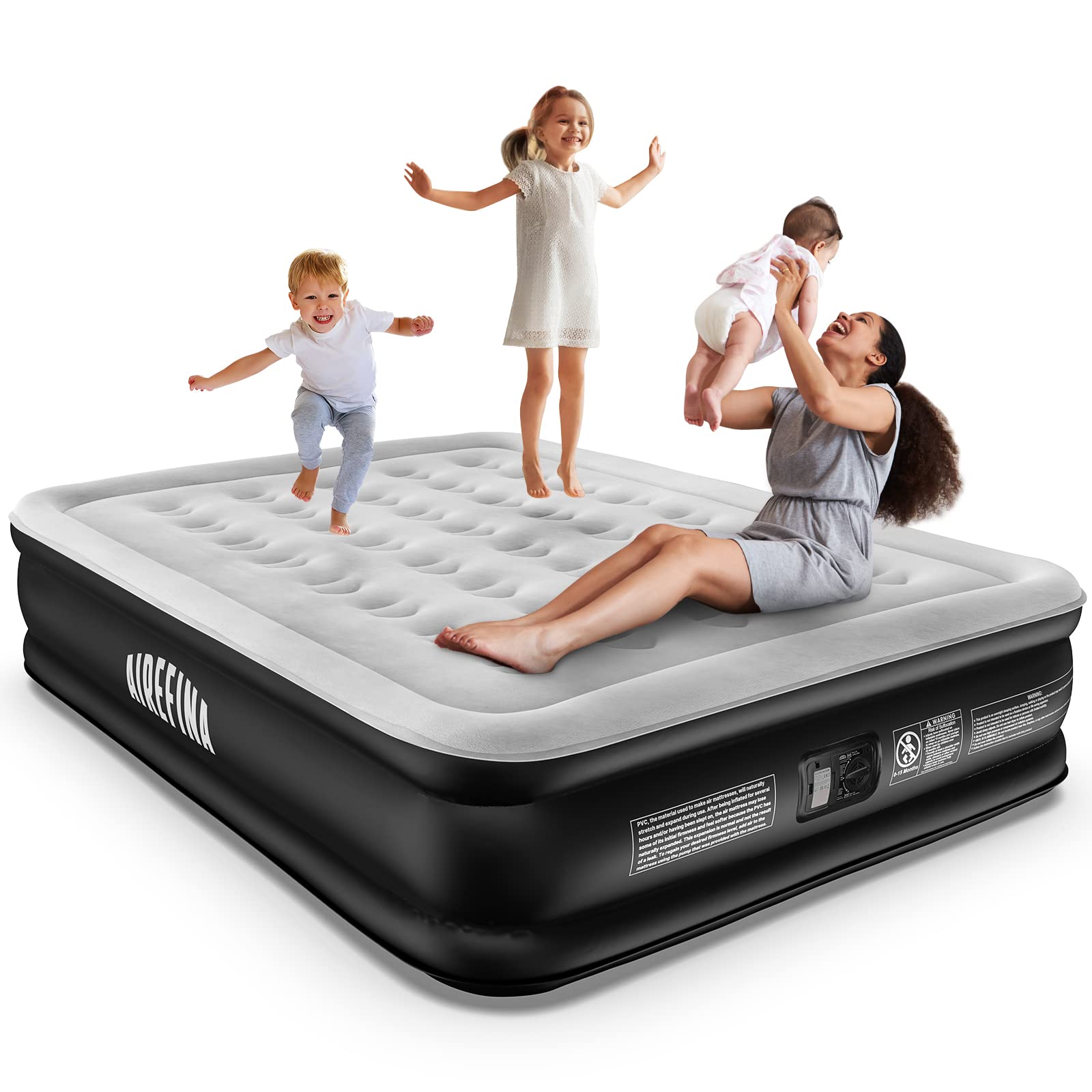 Airefina Queen Air Mattress with Built-in Pump 18", Blow up Mattress in 3 Mins, Colchon Inflatable Mattress with Flocked Surface for Home, Guest,Comfort, Foldable & Portable Four Chamber Technical
