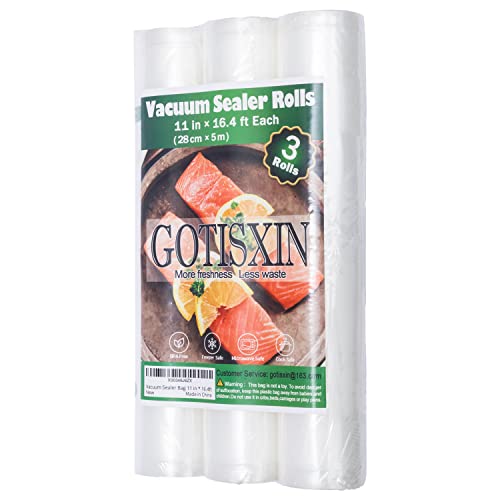 GOTISXIN 11" x 16.4' Vacuum Sealer Bags Rolls,3 Packs,Heavy Duty BPA-Free Commercial Grade,for Sous Vide & Vacuumed Storage, 3-pack Vac Seal Bags,for Food Saver & Seal a Meal Machines,Freezer Bag,11 inch