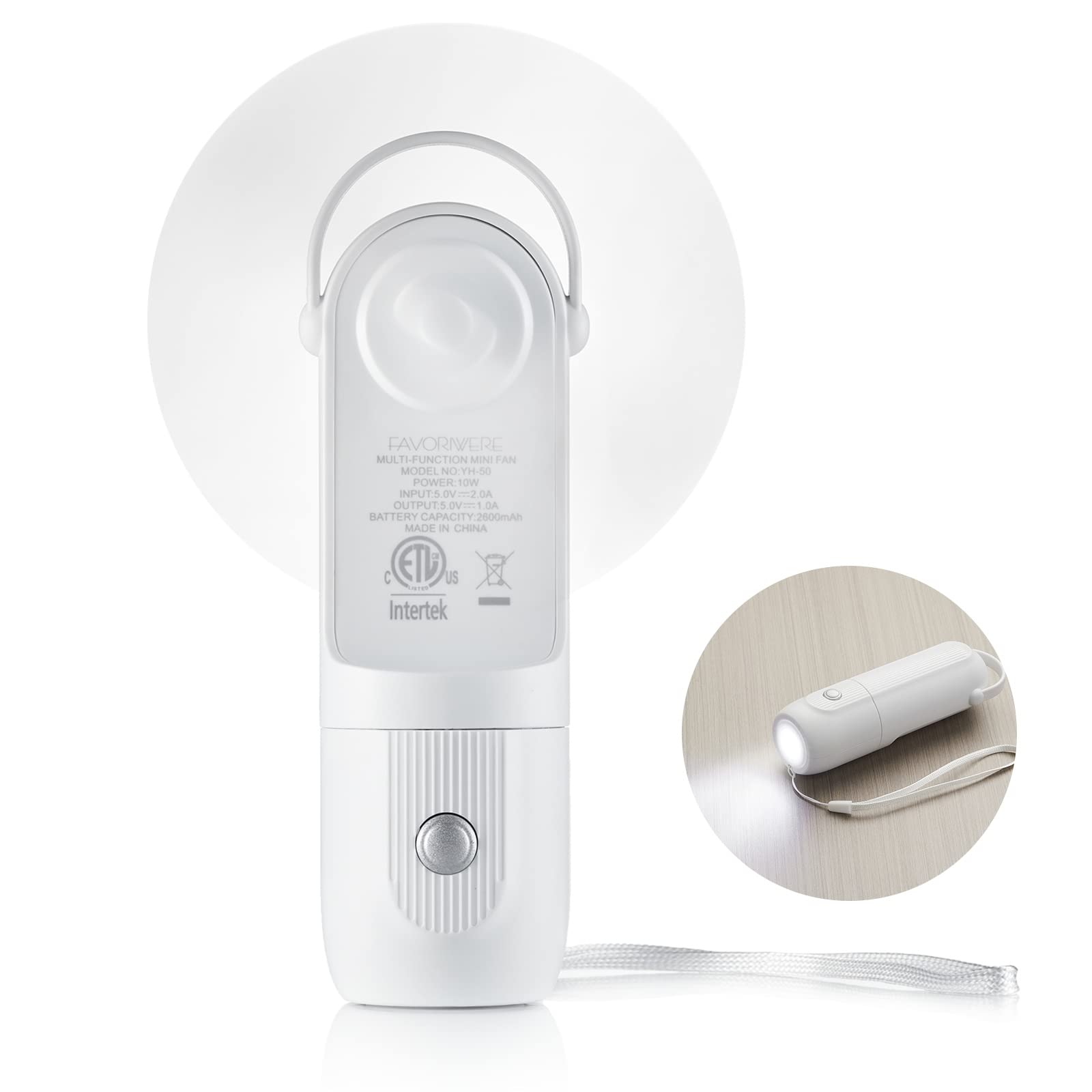 Favoriwere Handheld Mini Fan 3 in 1 Portable Face Fan 3 Speeds with Strong Wind USB Rechargeable for 30 Hours Working Personal Fan with Power Bank and Flashlight Suitable for Outdoor and Indoor White