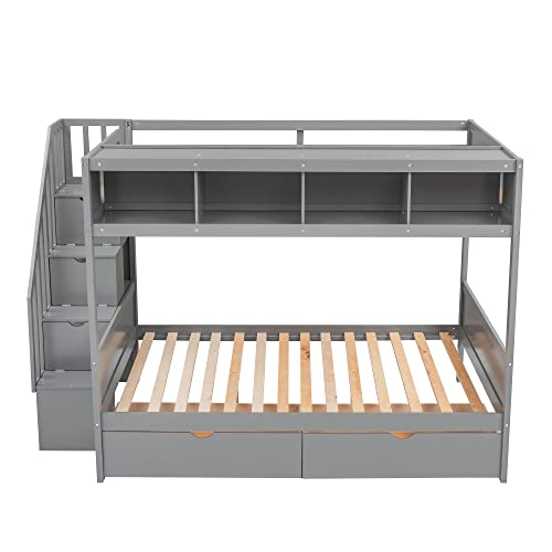 BIADNBZ Stairway Twin Over Full Bunk Bed with Stairs Storage, 2 Drawers and Shelf, Wooden Bunkbed for Kids Teens Adults Bedroom, Gray