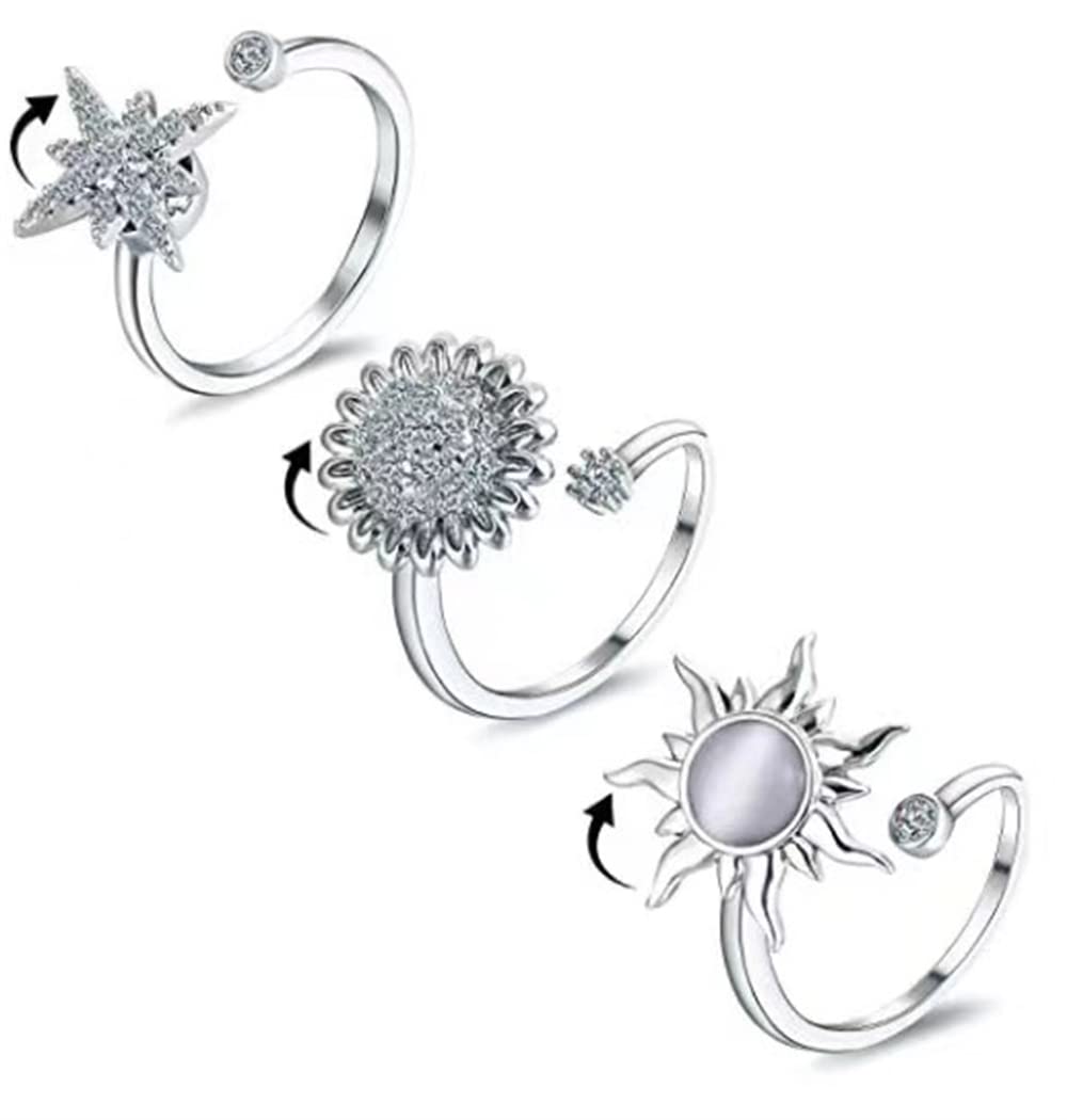 Asymmetric Rotatable Spinner CZ Ring for Women Girls Anti Anxiety Stress Relief Peace Fidget Rings Silver Plating Cute Daisy Sun Star Wrap Open Finger Knuckle Statement Ring Christmas Valentines