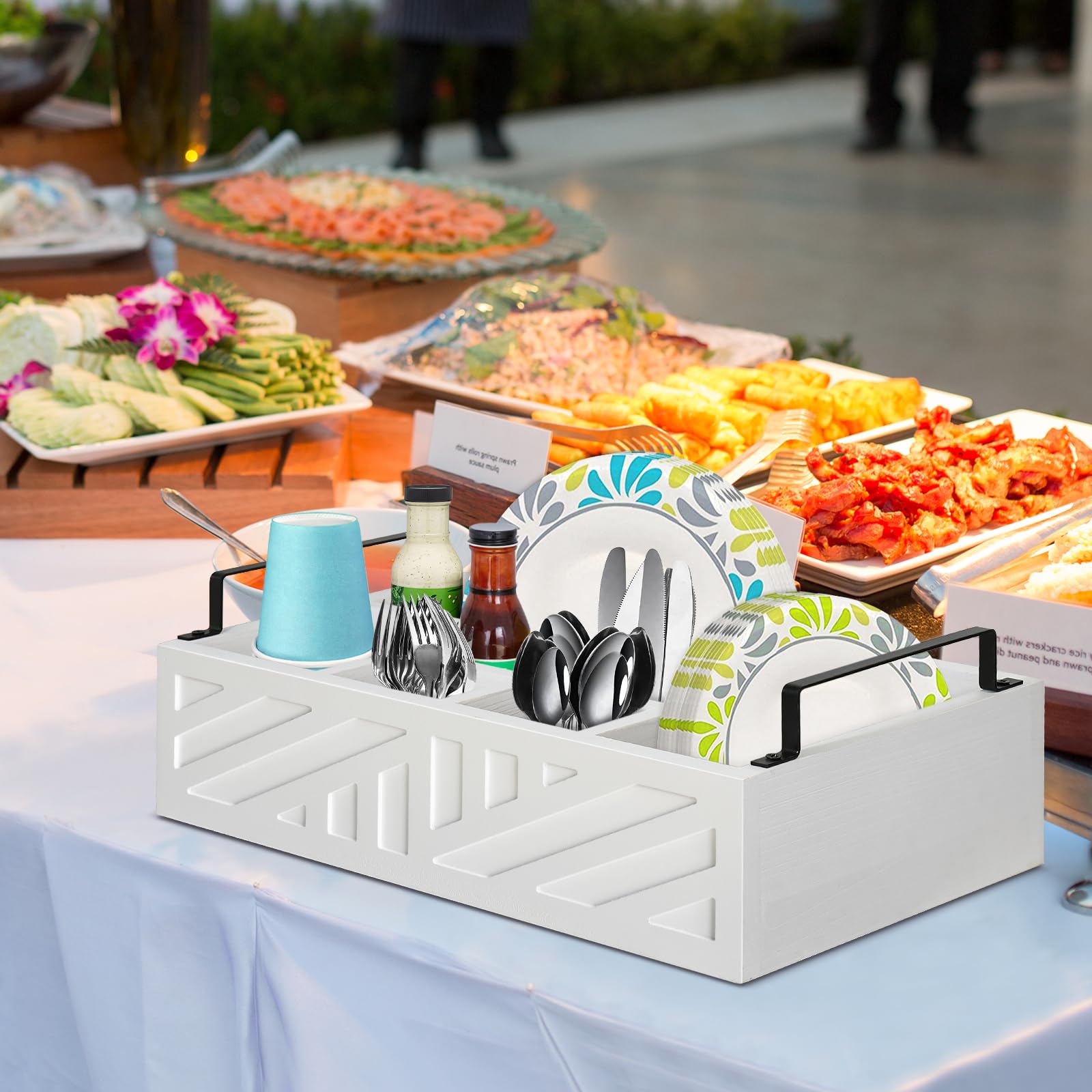 Ameuphercy Paper Plate Holder Utensil Caddy for Kitchen Counter,Paper Plate Dispenser with Large Cup Holder for Kitchen Counter, Paper Plate Organizer for Party,Wedding, BBQ(White-Carving)