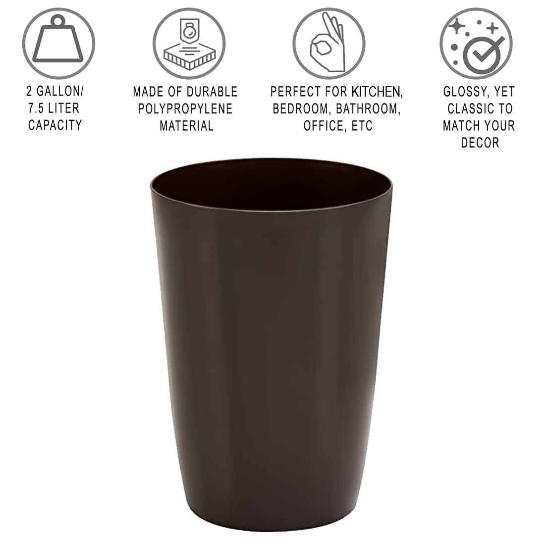 Small Trash Can – Open Top Garbage Cans for Kitchen, Office, Dorm, Bathroom, etc. –Waste Can for Compact/Tight Spaces – The Perfect Bathroom Trash Can - 2 Gallon Trash Bin – Glossy Metalic Dark Brown