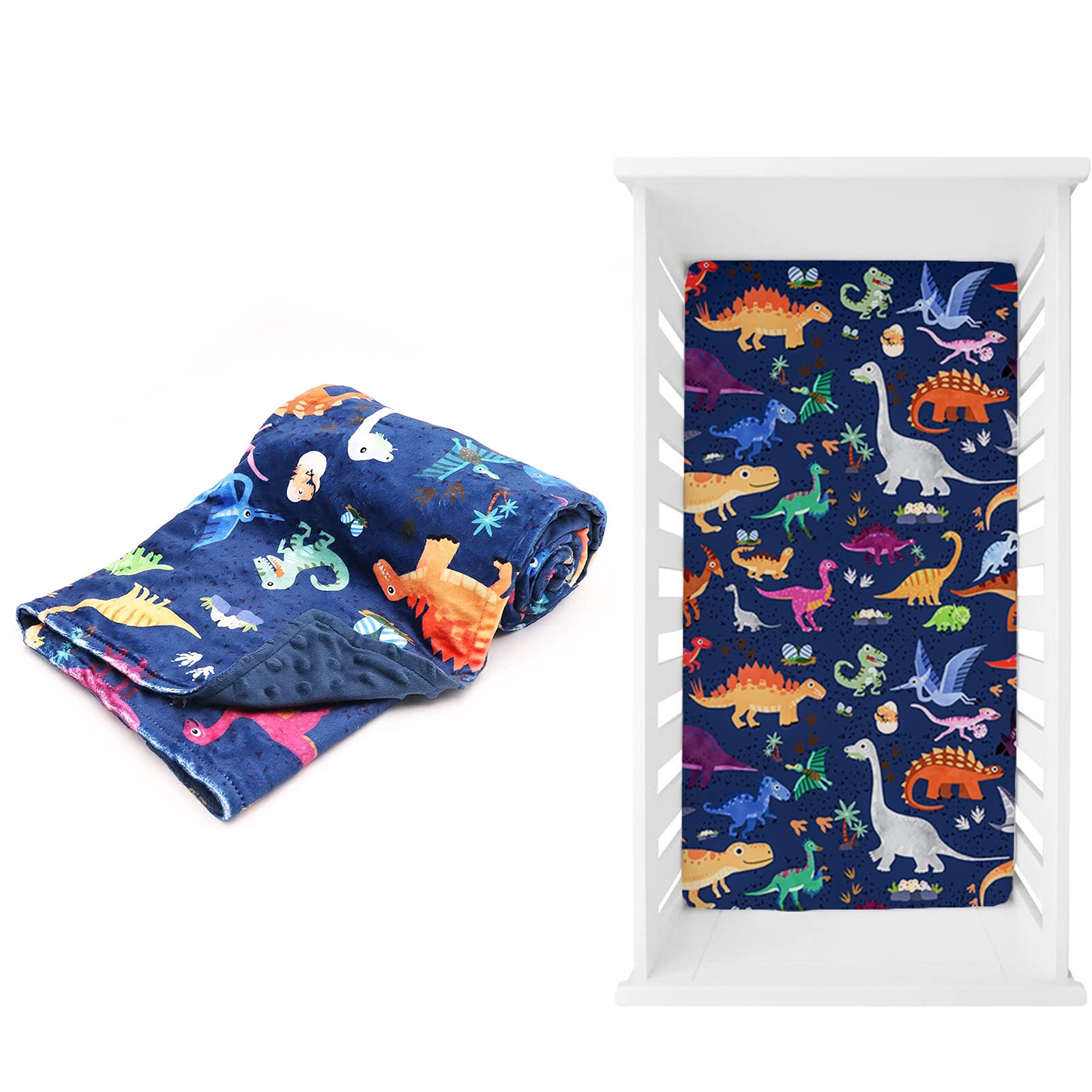 Baby Soft Crib Sheet and Baby Minky Blankets with Blue Dinosaur Printed
