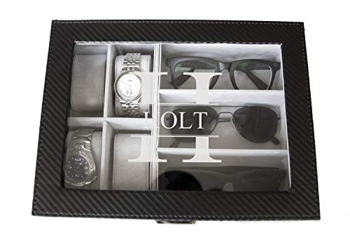 Personalized Engraved Watch Box Organizer for Men with Sunglasses Holder (Set of 5, Stamped Design), Monogrammed Jewelry Box - Unique Groomsmen Gifts for Wedding