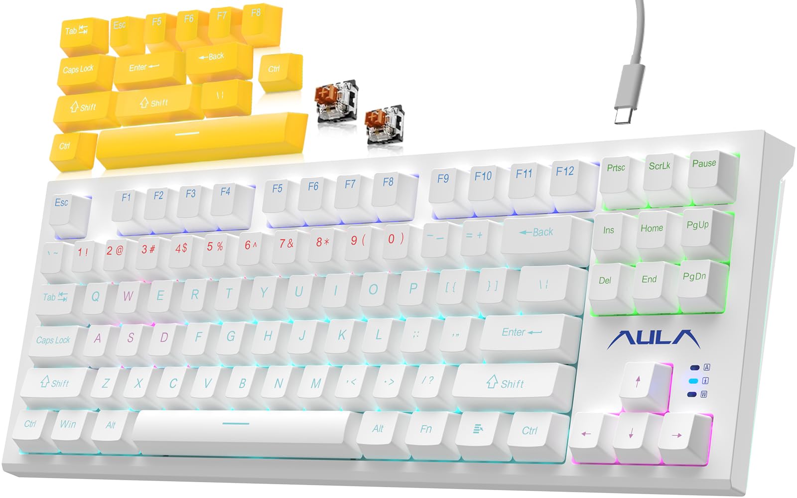 AULA Mechanical Keyboard, 87 Keys RGB Backlight Gaming Keyboard, Compact Wired Computer Keyboards for Windows PC (White, Brown Switch)