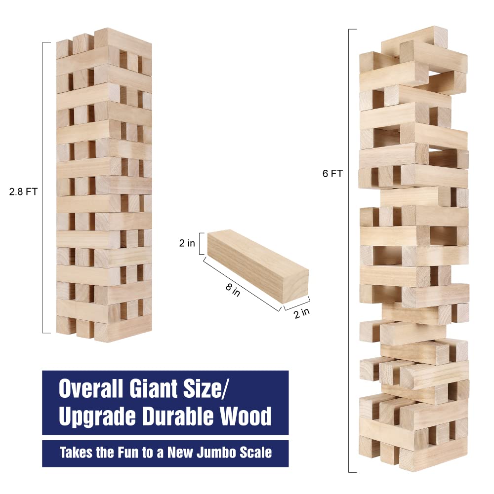 GOTHINK Giant Tumbling Tower Game, Super Large 51pcs Wooden Blocks Stacking Game, Stack to Over 6 Feet, Carry Bag, Jumbo Outdoor Indoor Game Toy Gift for Kids and Adults