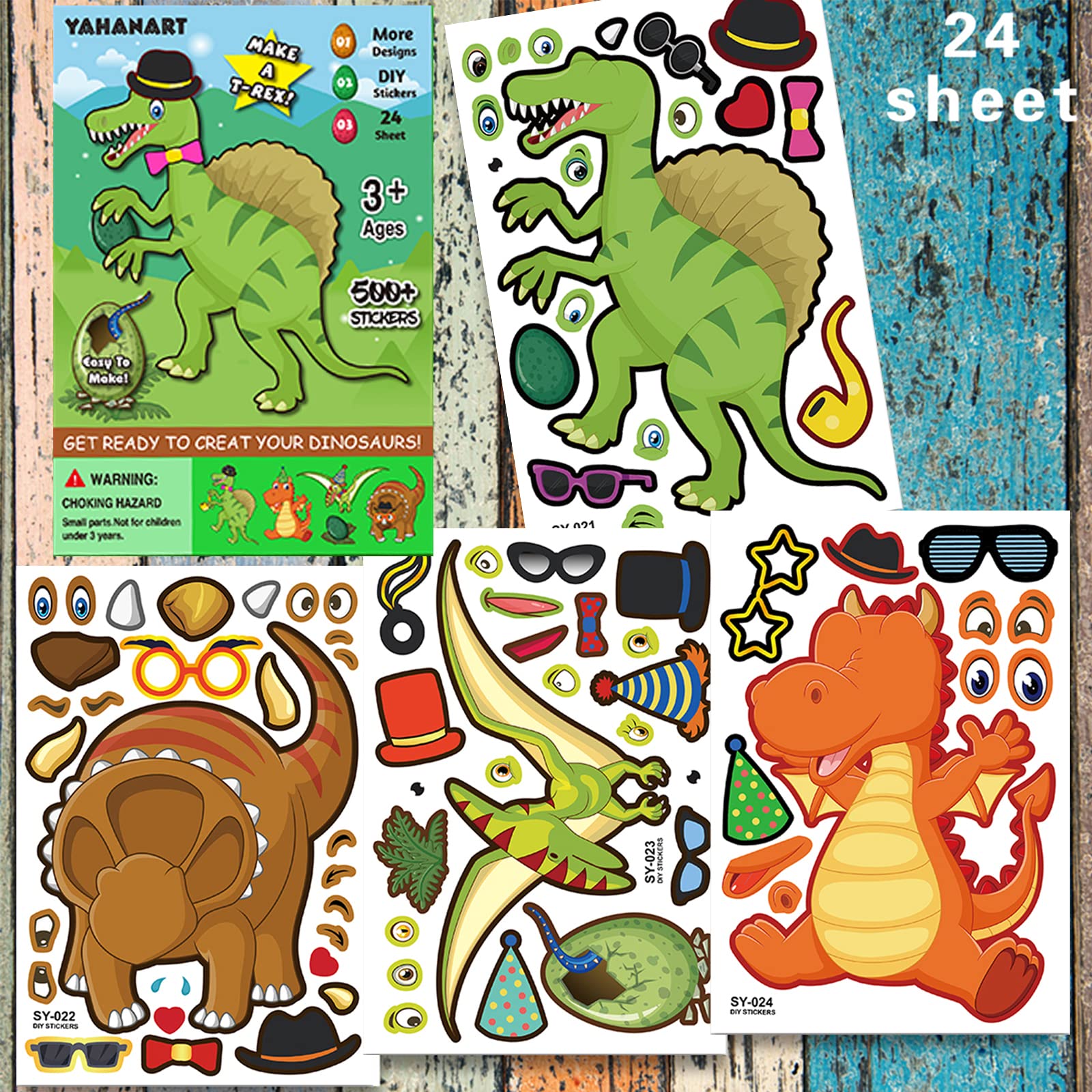 Dinosaur Stickers,Make Your Own Dinosaur Stickers,Make A Dinosaur Stickers DIY Stickers Dinosaur Party Sticker Craft Game,Dino Theme Birthday Party Favors for Kids (24 Sheets) (Make-A-Dinosaur Stickers)