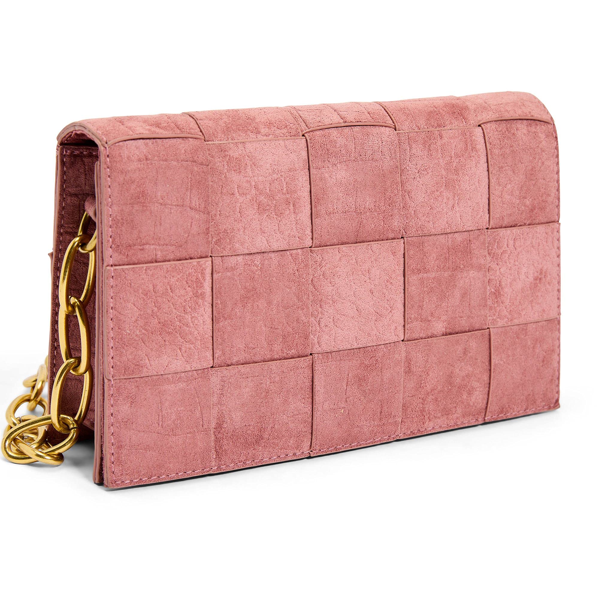 Like Dreams Women's Gold Chain Link Padded Fashion Hailey Woven Suede Crossbody Handbag (Mauve)