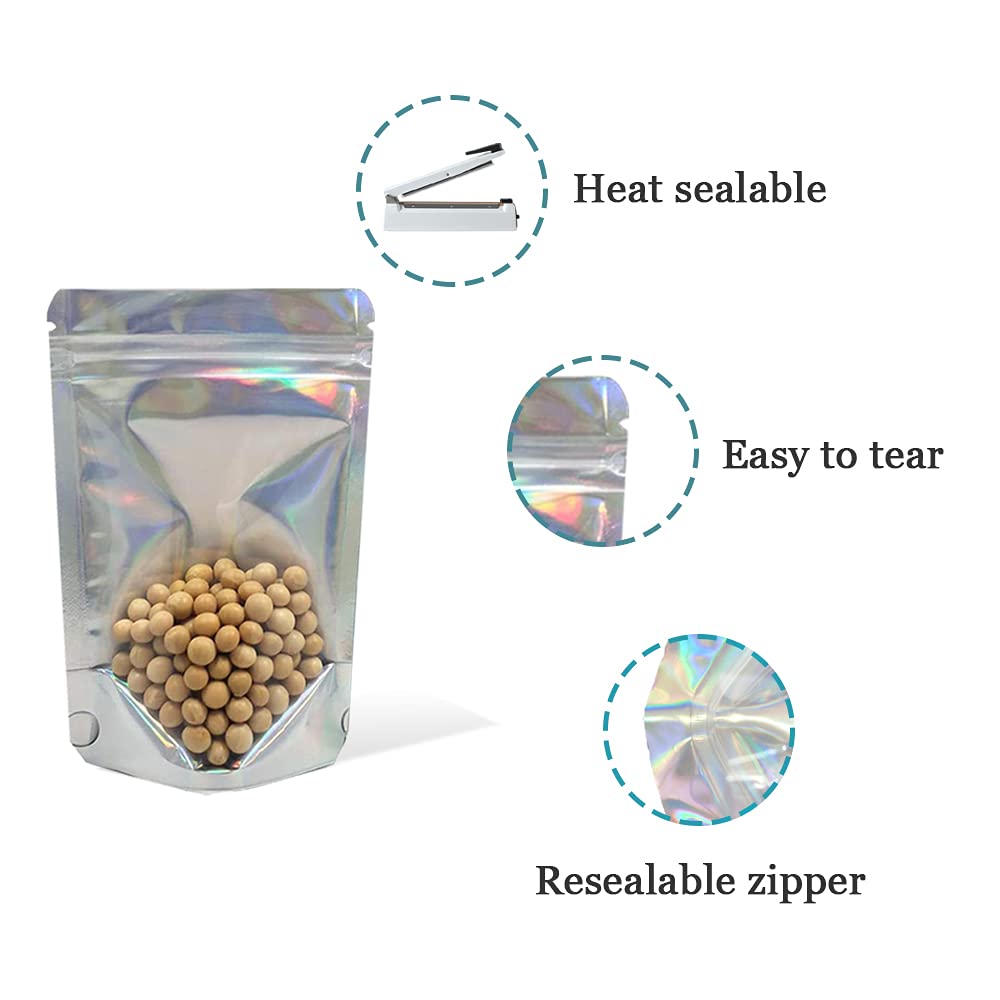 BAT Pack Resealable Stand Up Zipper Lock Bags Heat Seal Pouches Gusset Bottom Clear Foil Food Storage Packaging Bag (50, 3.3x5.1 inch)