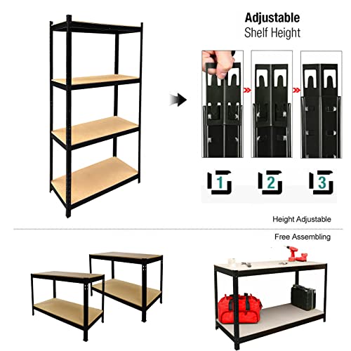 Shelves for Storage, Garage Racking Shelving Unit, 4 Tier Heavy Duty Shelf Unit for Shed Warehouse Workshop Garden, 63" H x 31" W x 16" D, Black, Metal & MDF Boltless Assembly System