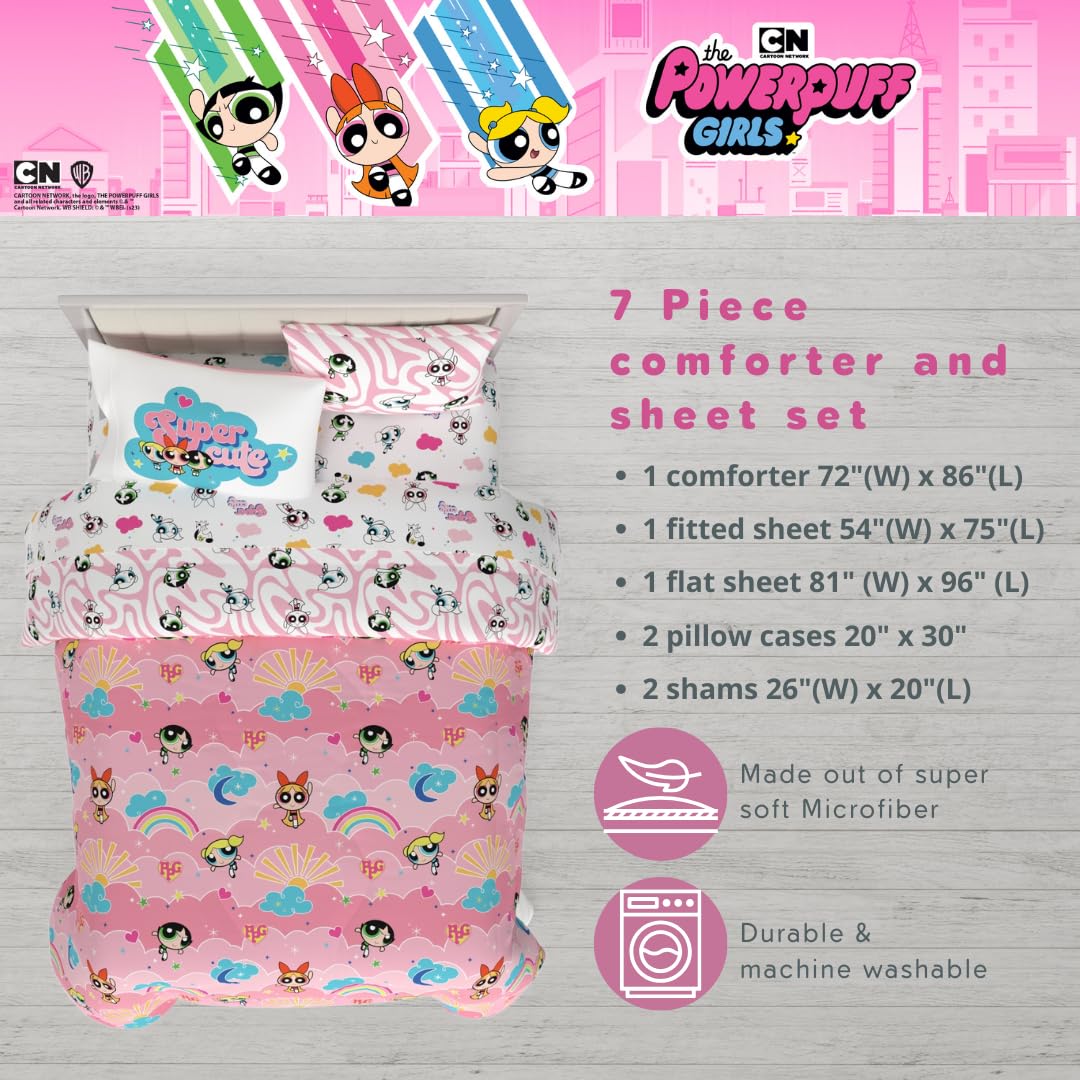Franco Collectibles Powerpuff Girls Bedding 7 Piece Super Soft Comforter and Sheet Set with Sham, Full, (100% Official Licensed Product)