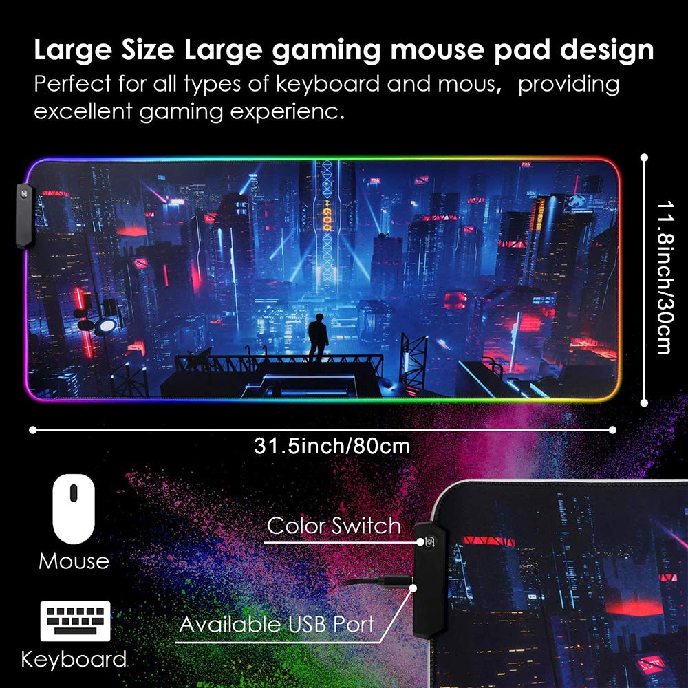 Aimetech RGB Mouse Pad, Led Gaming Mouse Pad Oversized Glowing Mat Colorful Soft Mat for Mice Computer Keyboard with Non-Slip Rubber Base Water-Resistant 31.5×11.8 inches (80x30 rgnight)