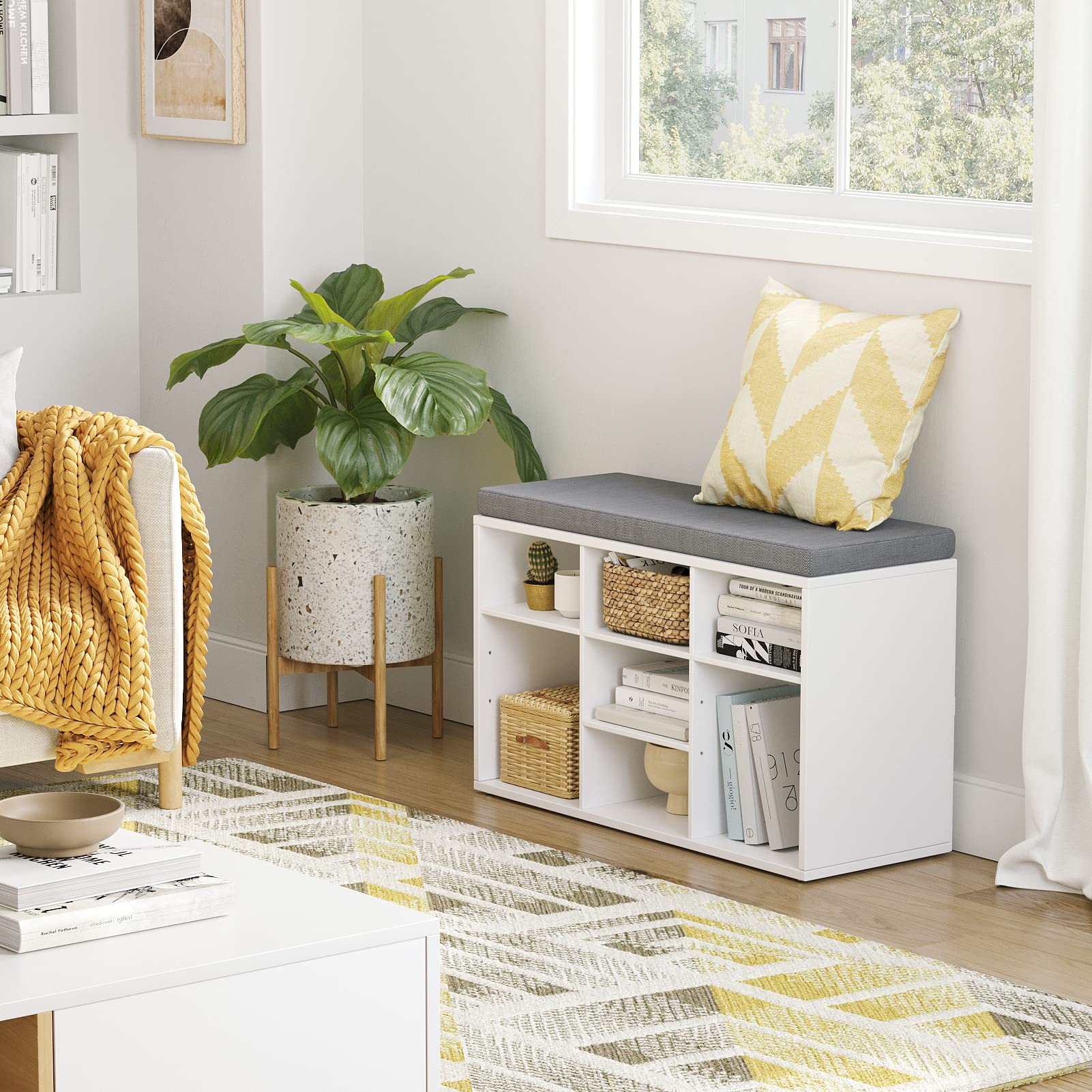 DINZI LVJ Shoe Storage Bench with Cushion, Cubby Shoe Rack with 9 Cubbies, Adjustable Shelves, Multifunctional Shoe Organizer Bench for Entryway, Mudroom, Hallway, Closet and Garage, White