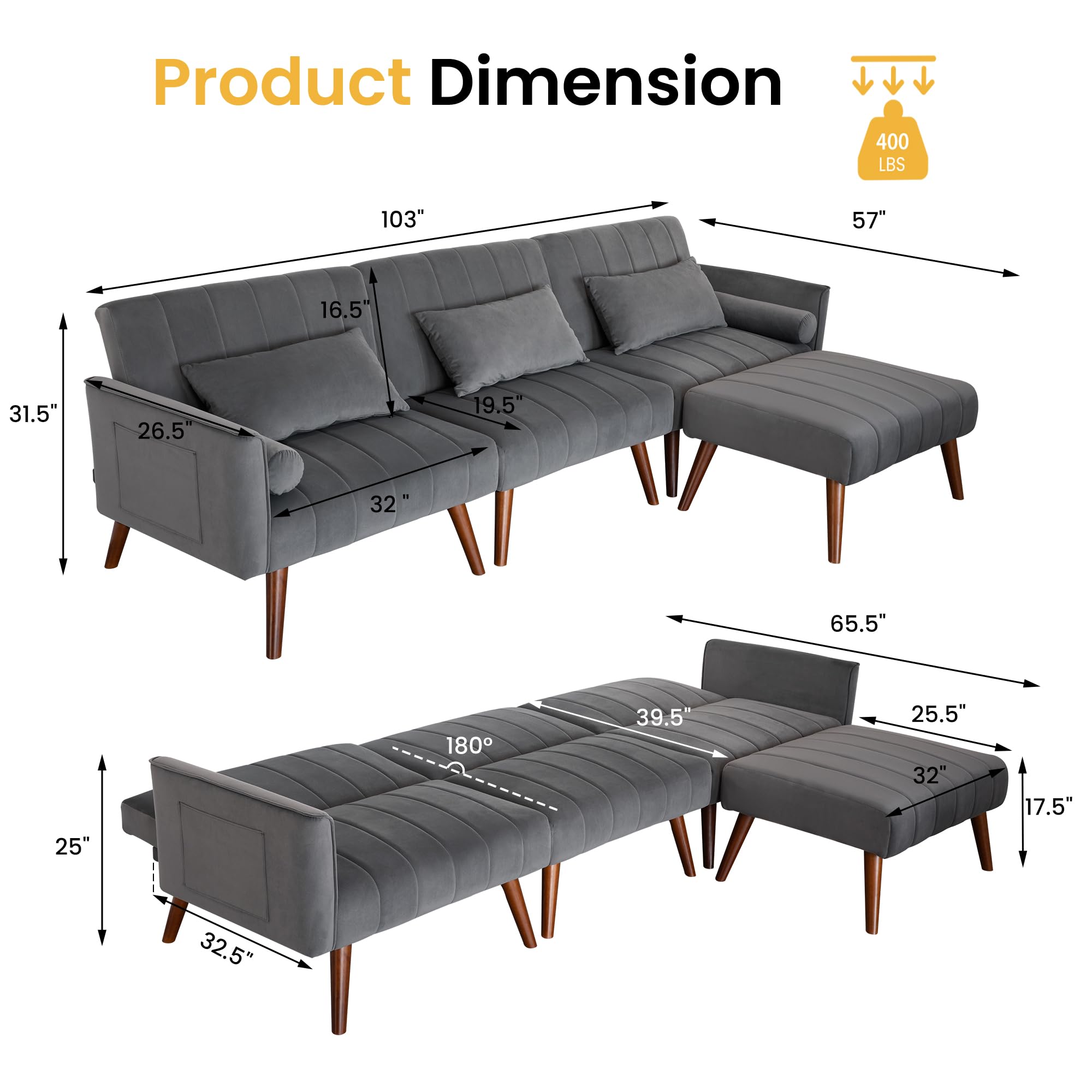 RoyalCraft Velvet Sectional Convertible Sleeper Sofa, 3 Seat Folding Sofa Bed with Reclining Backrest, Modern Futon Couch for Living Room, Apartment, Grey
