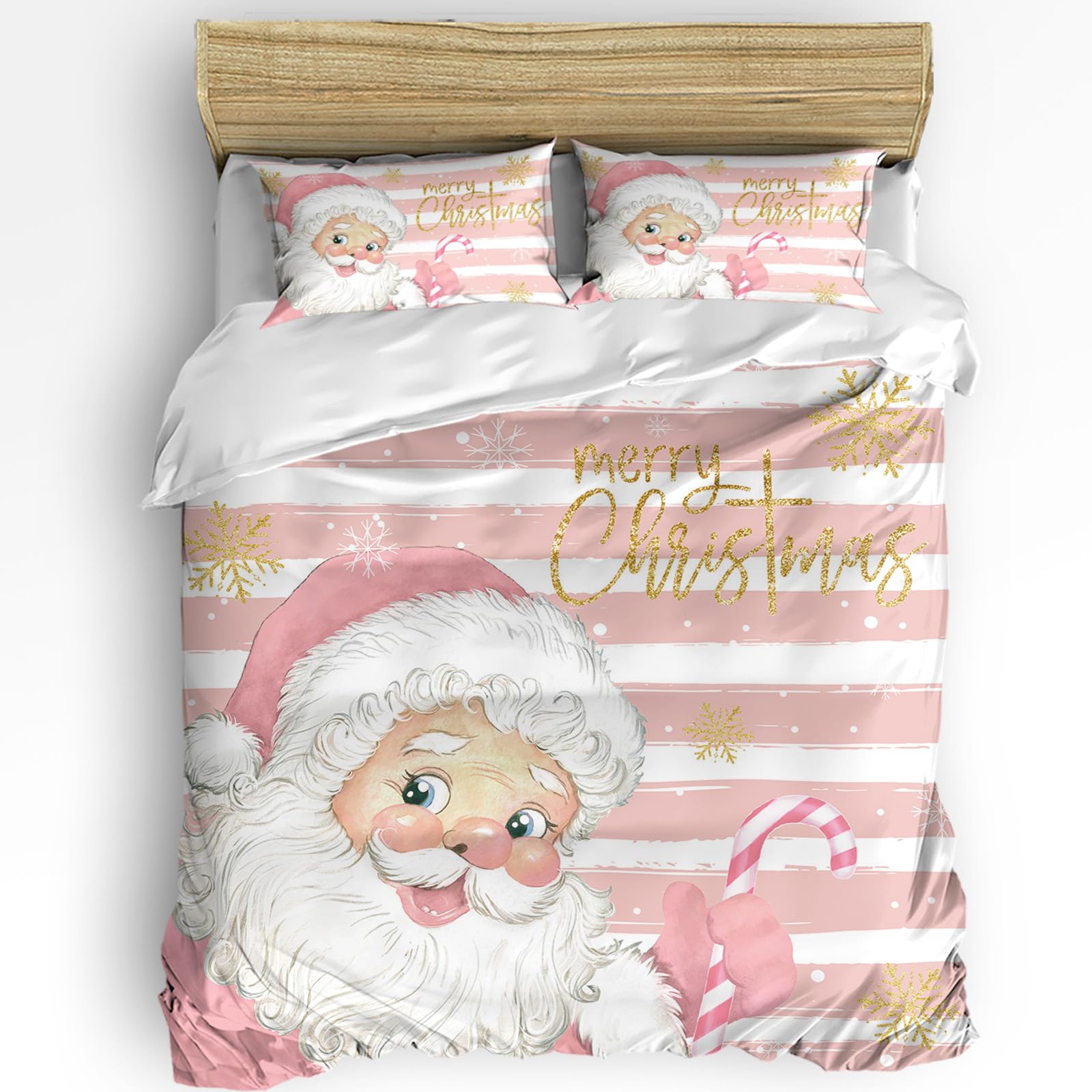 Boanket Pink Santa 3 Pieces Christmas Bedding Set Cal. King Size, Xmas Snowflake Soft Duvet Cover Set Comforter Cover Set with Zipper Closure All-Season Breathable Bedding Set Pink White Striped